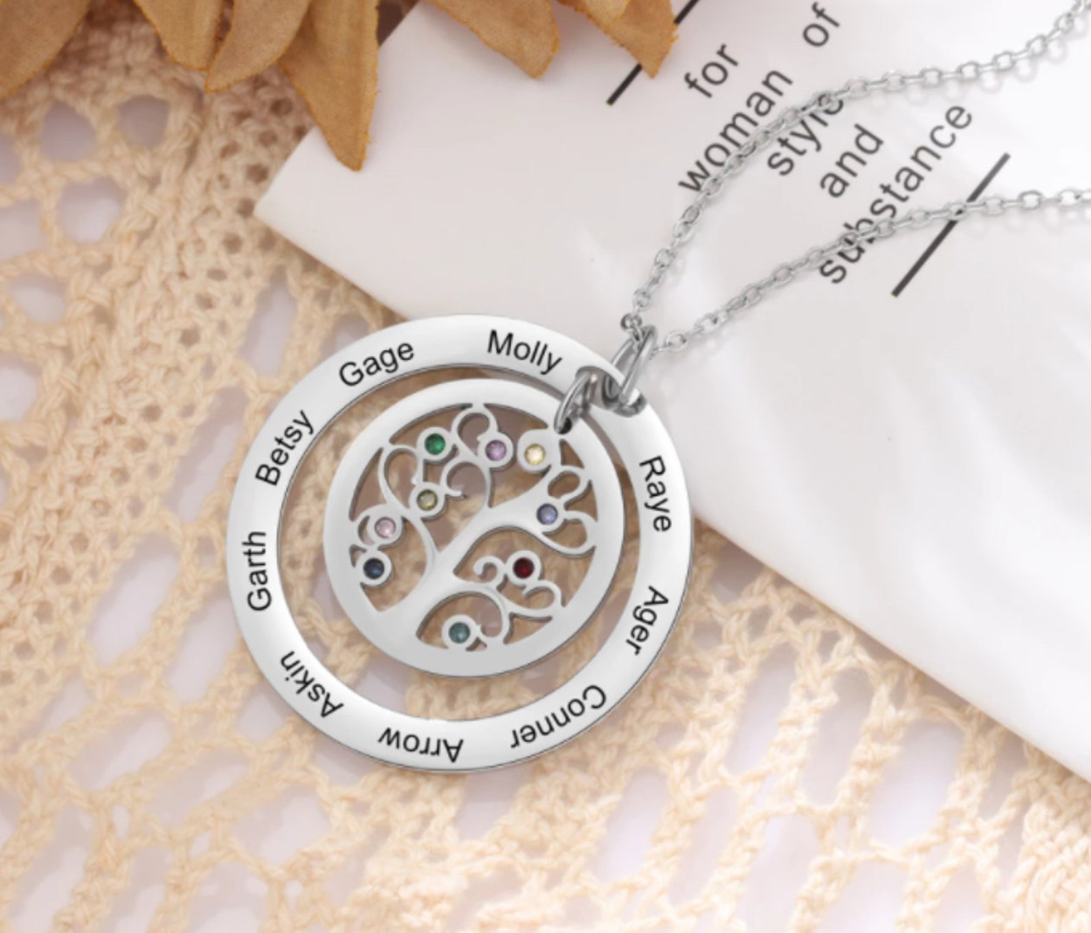 Custom Family Tree Pendant Necklace With Birthstones Cubic | Etsy