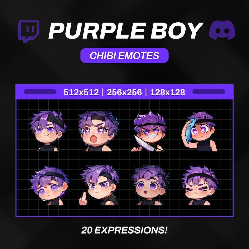 20 Twitch Emotes Purple Boy - Set, Bundle, Pack, Stickers, Discord ...