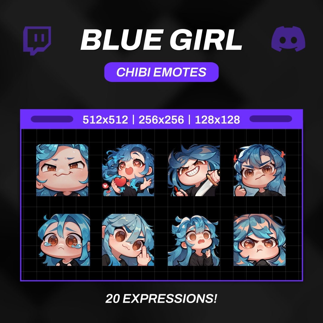 20 Twitch Emotes Blue Girl - Set, Bundle, Pack, Stickers, Discord ...
