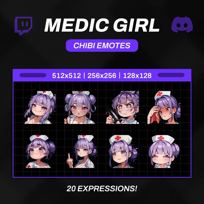20 Twitch Emotes Medic Girl - Set, Bundle, Pack, Stickers, Discord ...