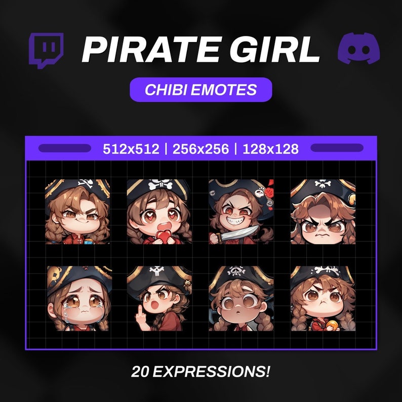 20 Twitch Emotes Pirate Girl - Set, Bundle, Pack, Stickers, Discord ...