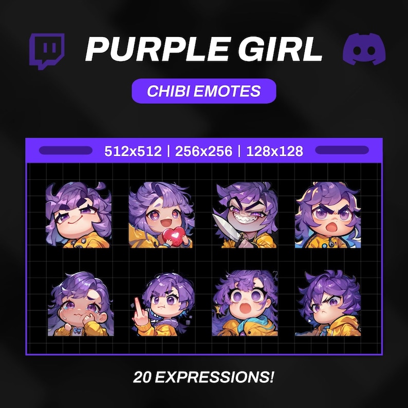 20 Twitch Emotes Purple Girl - Set, Bundle, Pack, Stickers, Discord ...