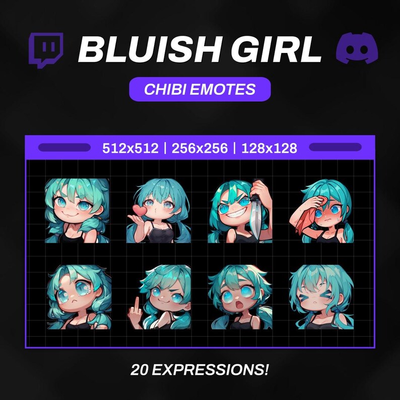 20 Twitch Emotes Bluish Girl - Set, Bundle, Pack, Stickers, Discord ...