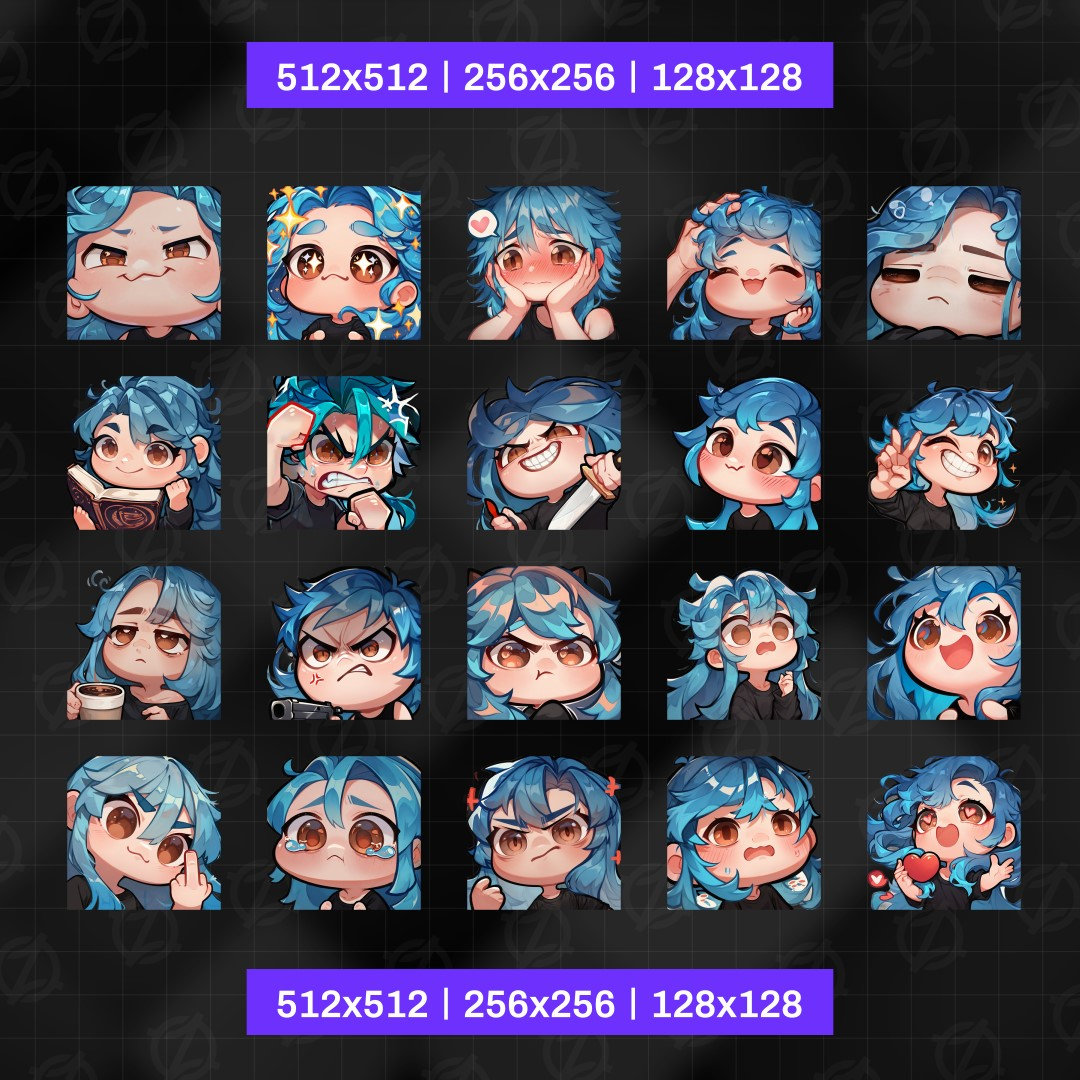20 Twitch Emotes Blue Girl - Set, Bundle, Pack, Stickers, Discord ...