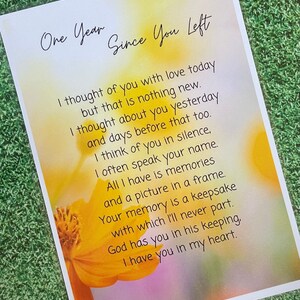 One Year Death Anniversary Grief Keepsake Card, One Year Since You Left ...