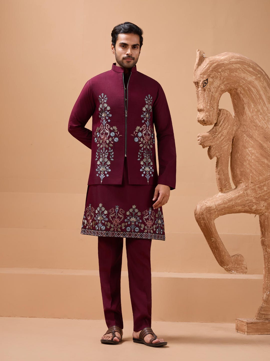 Maroon Silk Kurta With Embroidered Koti | Men's Indian Wedding Attire ...