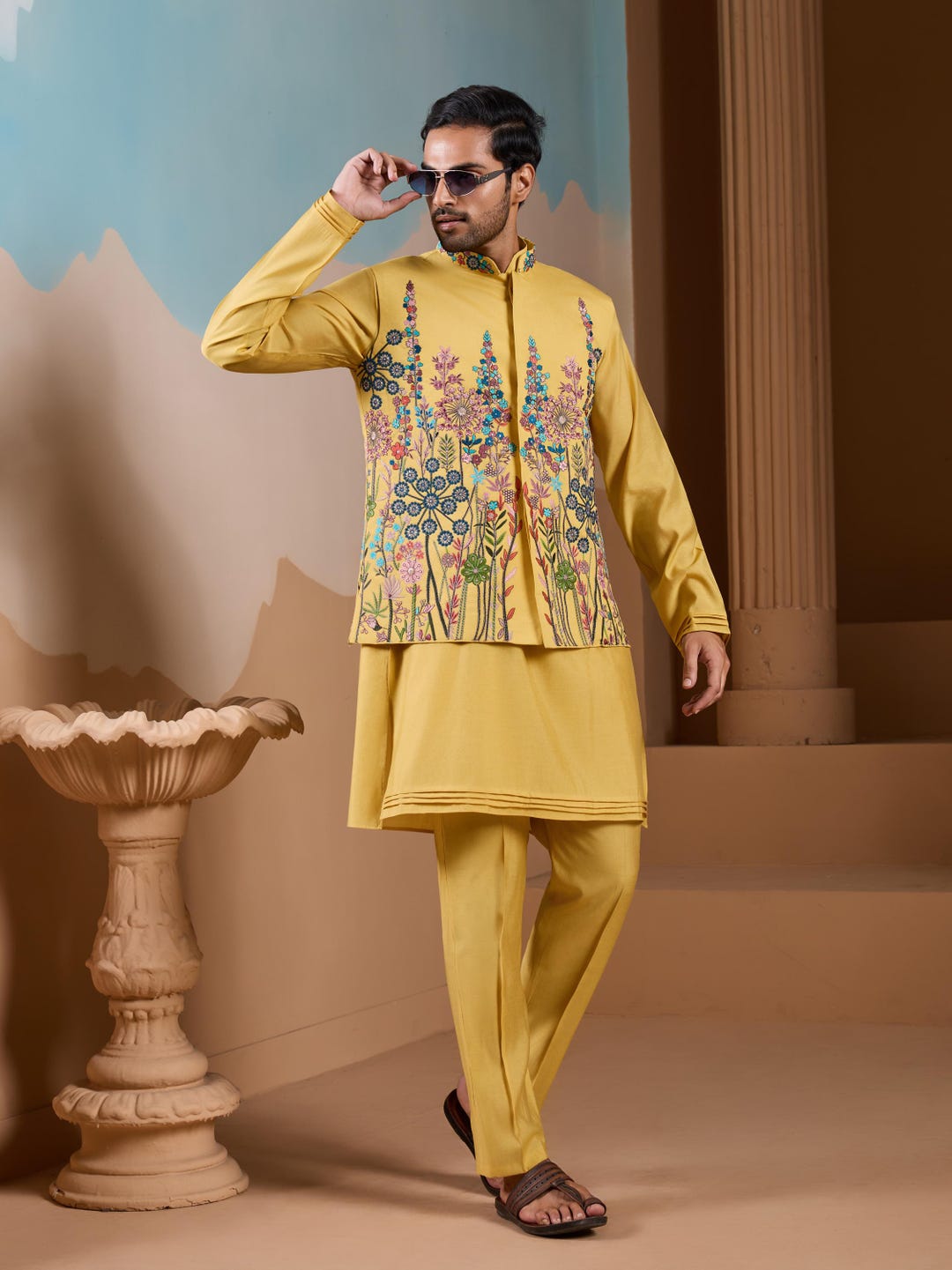 Yellow Nehru Jacket Set for Men, Indian Wedding Groomsmens Outfit ...