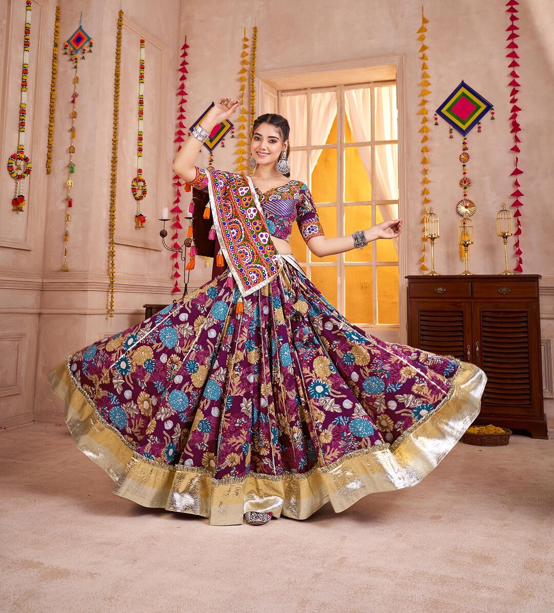 Special Navaratri Purple Lehenga Choli With Print Lampi Bordering ...