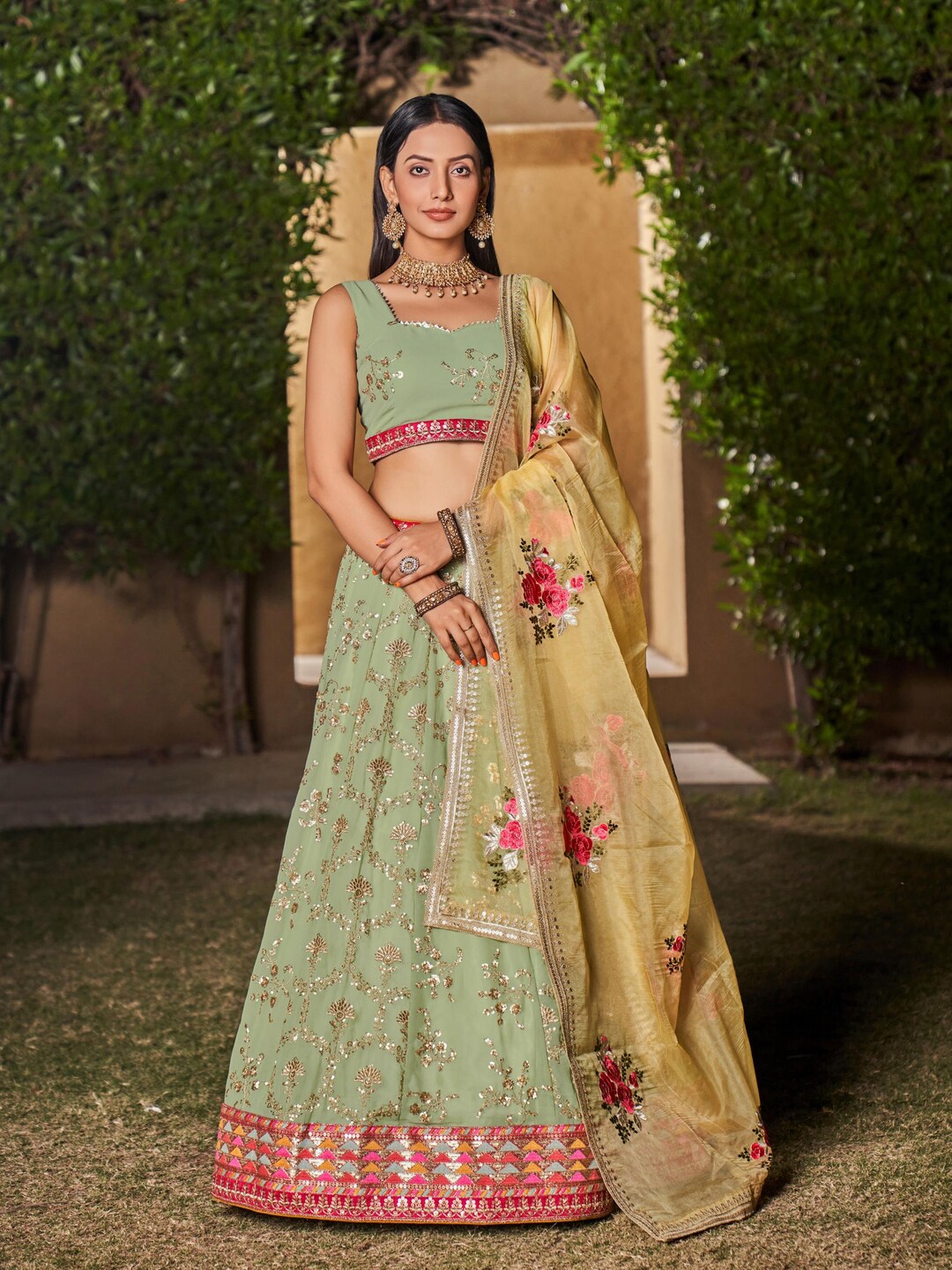 Indian Lehenga With Pista Yellow Color and Sequins, Zari, Thread and ...