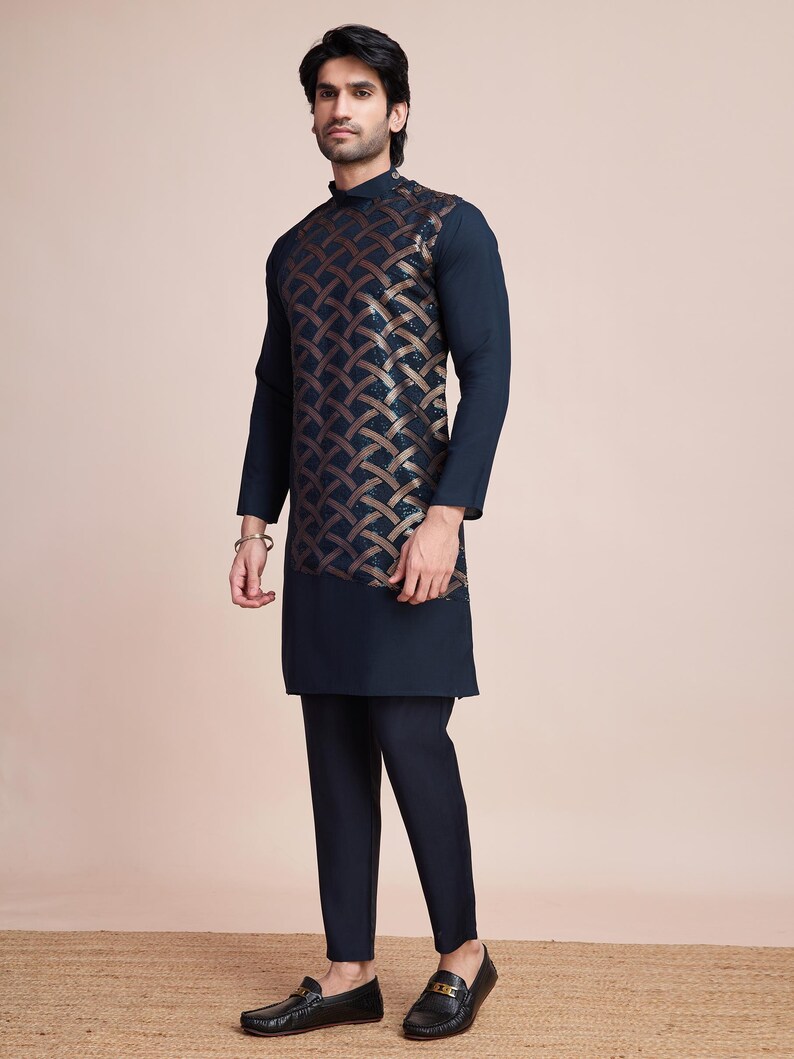 Navy Blue Indian Wedding Mens Kurta Set, Sequence Men Kurta Set ...
