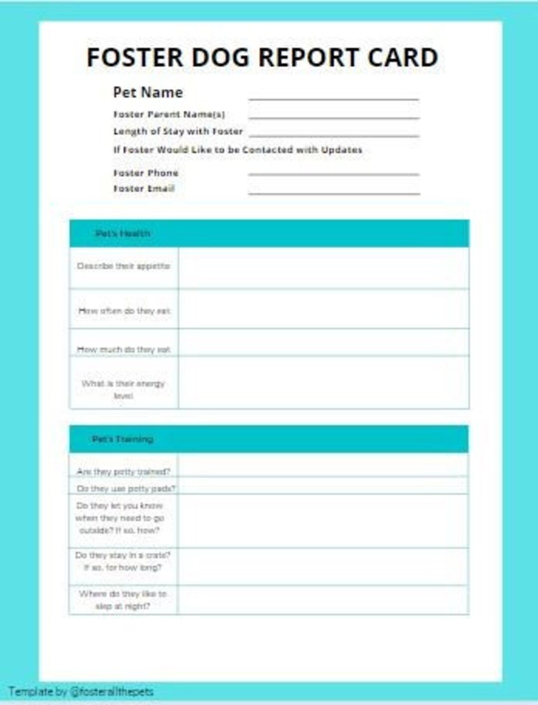 Foster Dog Report Card Teal - Etsy