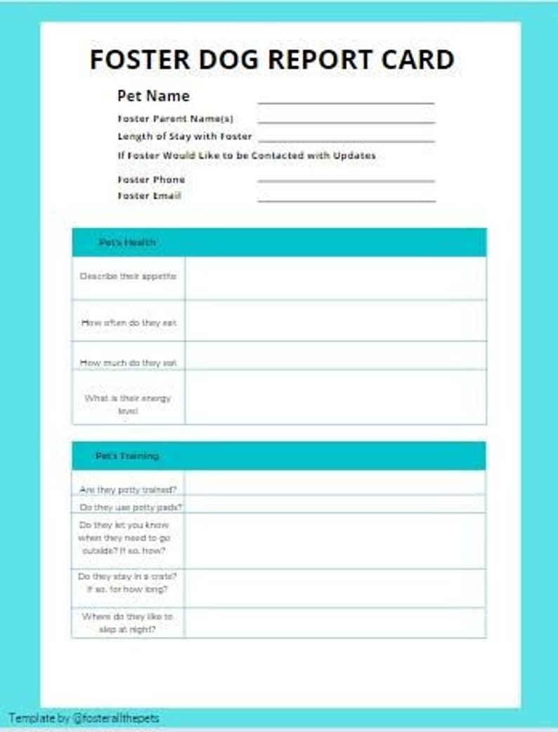 Foster Dog Report Card - Teal - Etsy
