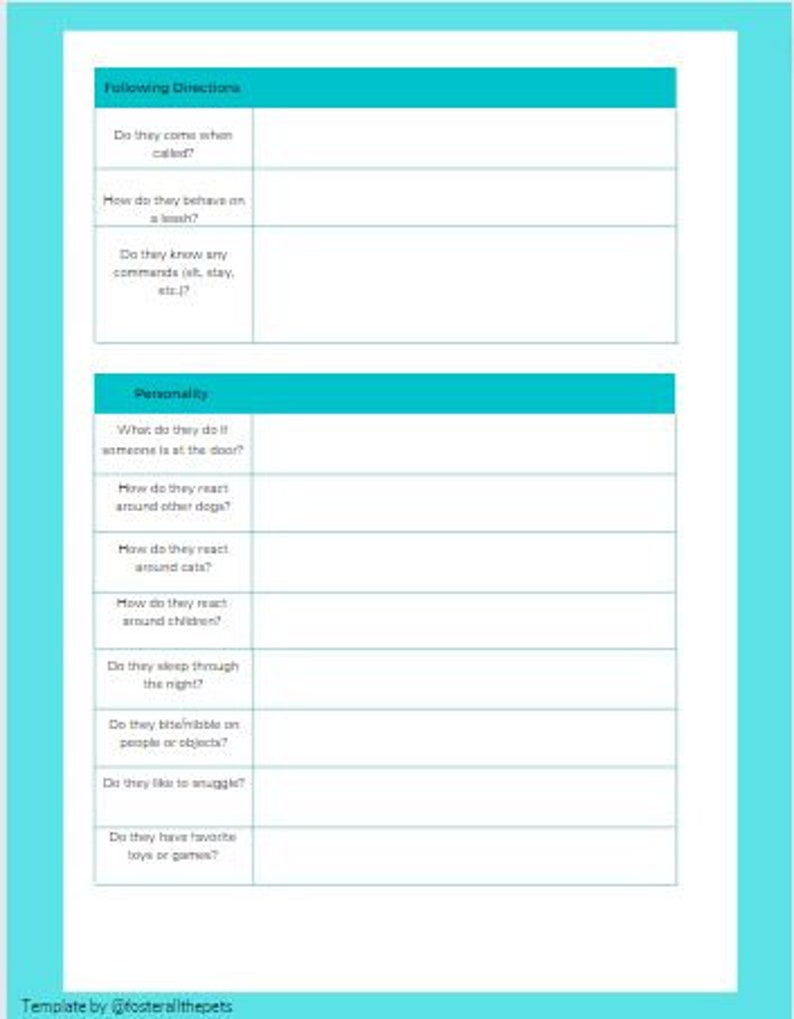 Foster Dog Report Card - Teal - Etsy