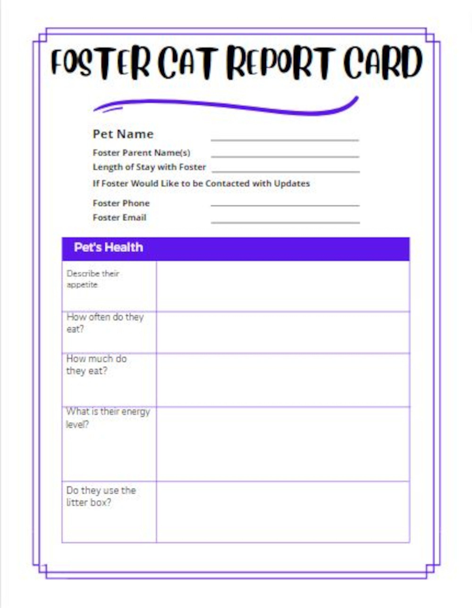 Foster Cat Report Card - Etsy