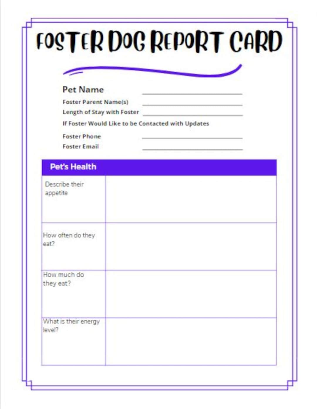 Foster Dog Report Card - Etsy