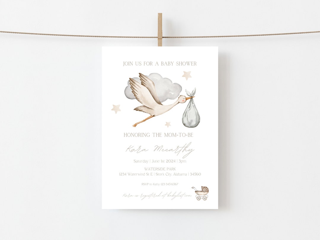 Watercolor Stork Baby Shower Invitation | Baby Shower Crib Theme | Baby ...