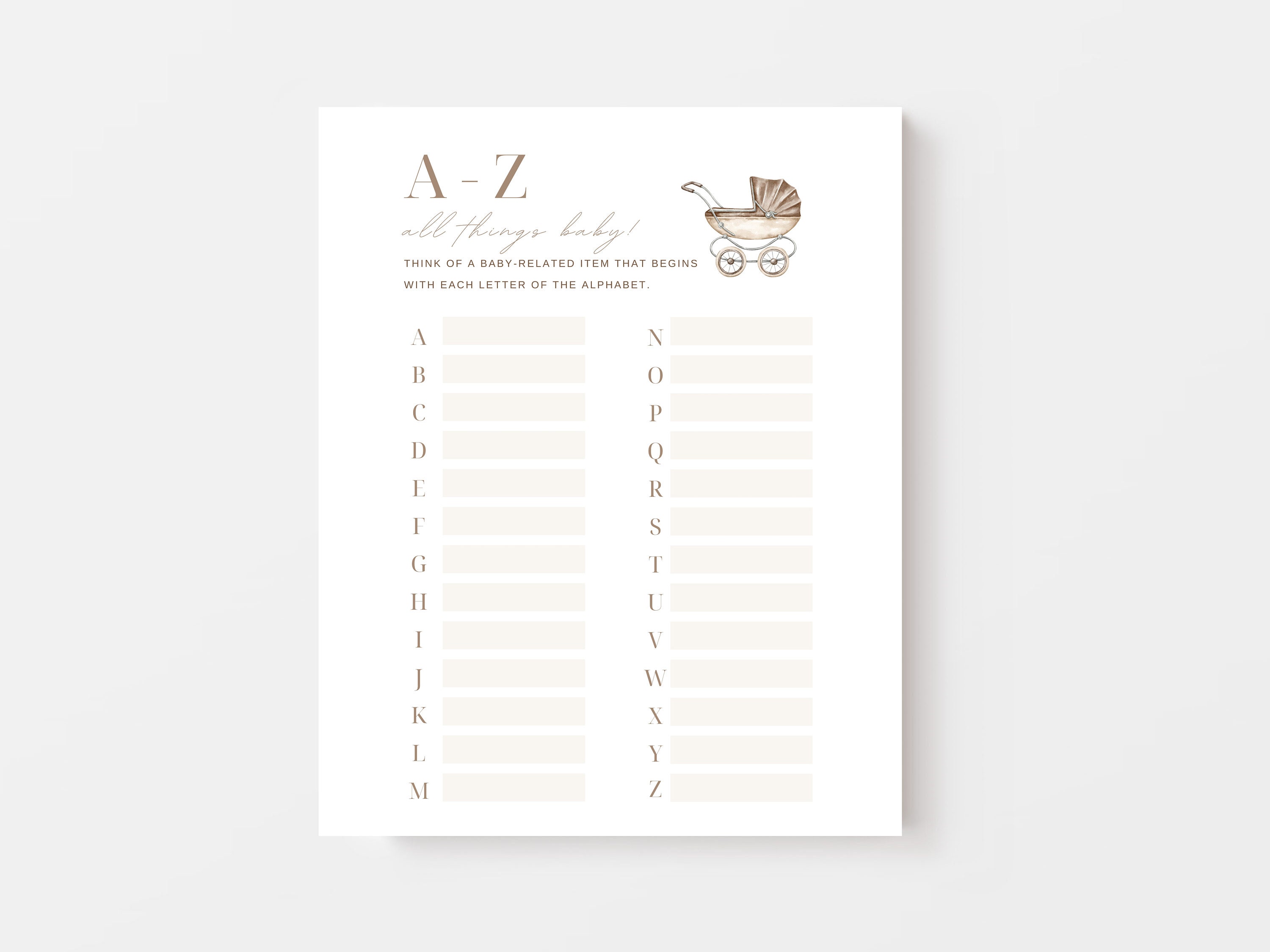 A-Z Baby Shower Game Stroller Baby Shower Baby A-Z Game Alphabet Baby ...