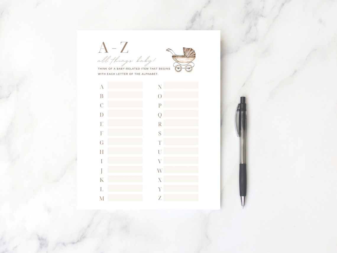 A-Z Baby Shower Game Stroller Baby Shower Baby A-Z Game Alphabet Baby ...