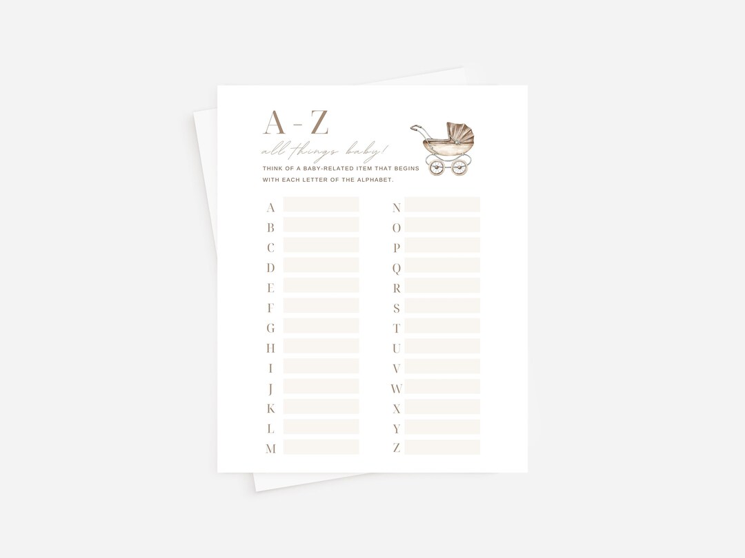 A-Z Baby Shower Game | Stroller Baby Shower | Baby A-Z Game | Alphabet ...