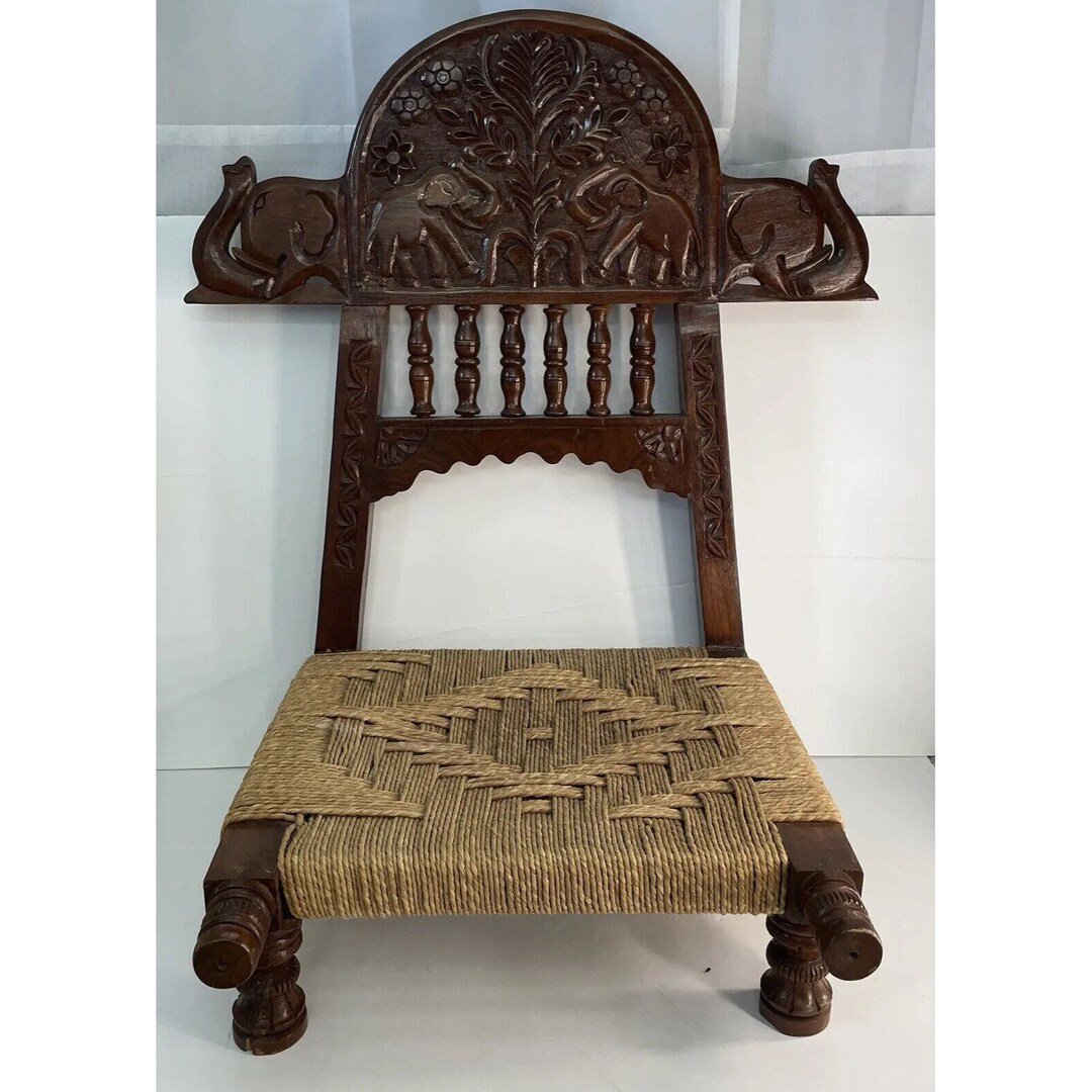 Vtg. Wooden Tribal Pidha Low Chair Weaved Bottom Carved Frame Floral ...