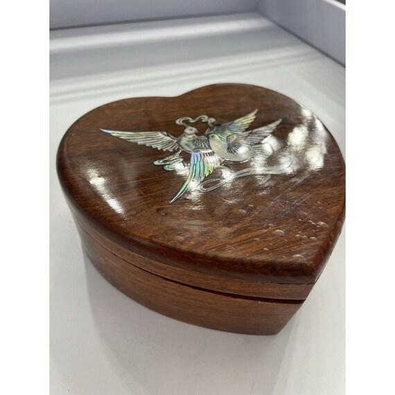 Vintage Wooden Heart Box with Doves and Mirror - Gem