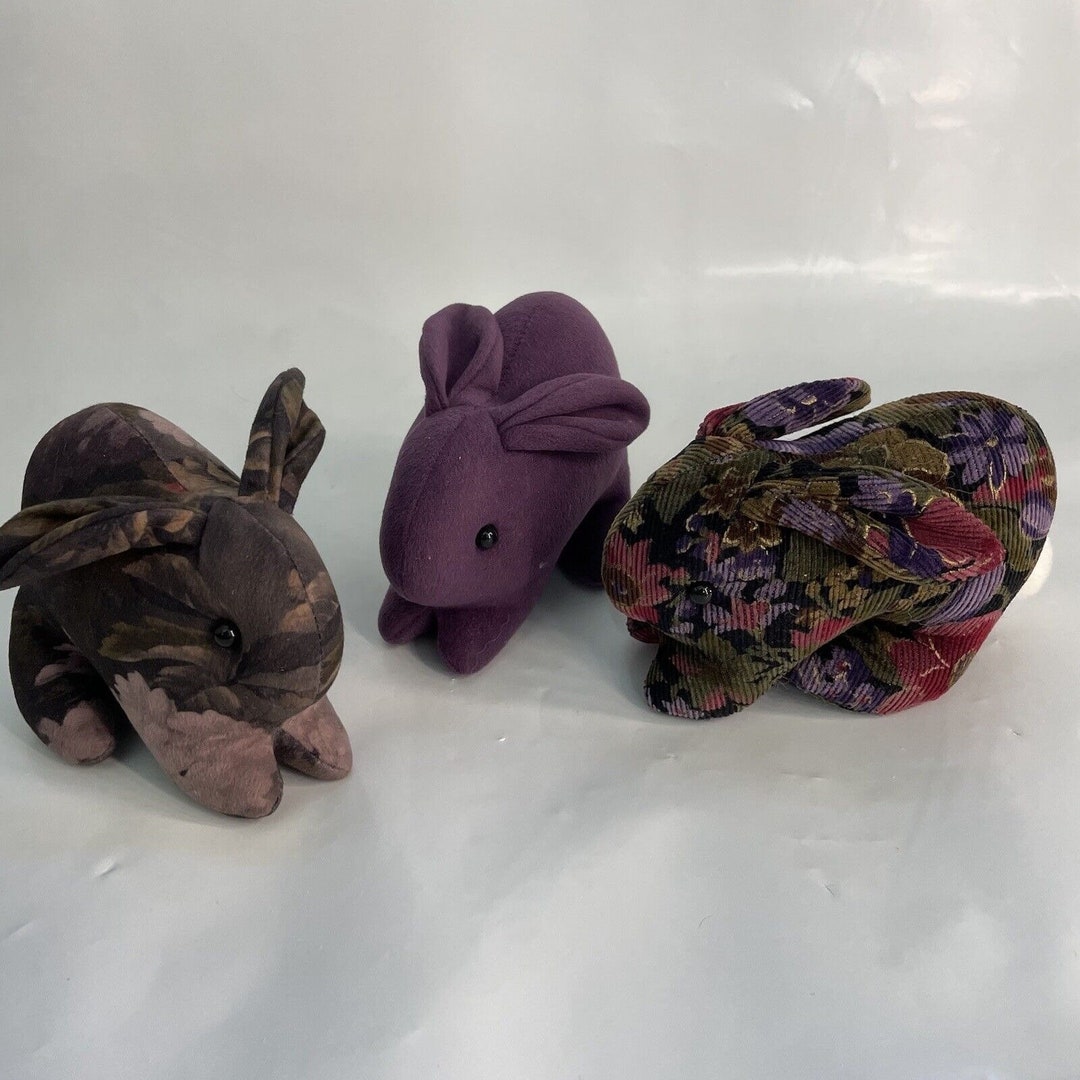 Vtg Cute Floral Purple Toned Fabric Bunny Rabbits Stuffed Plush Set of ...