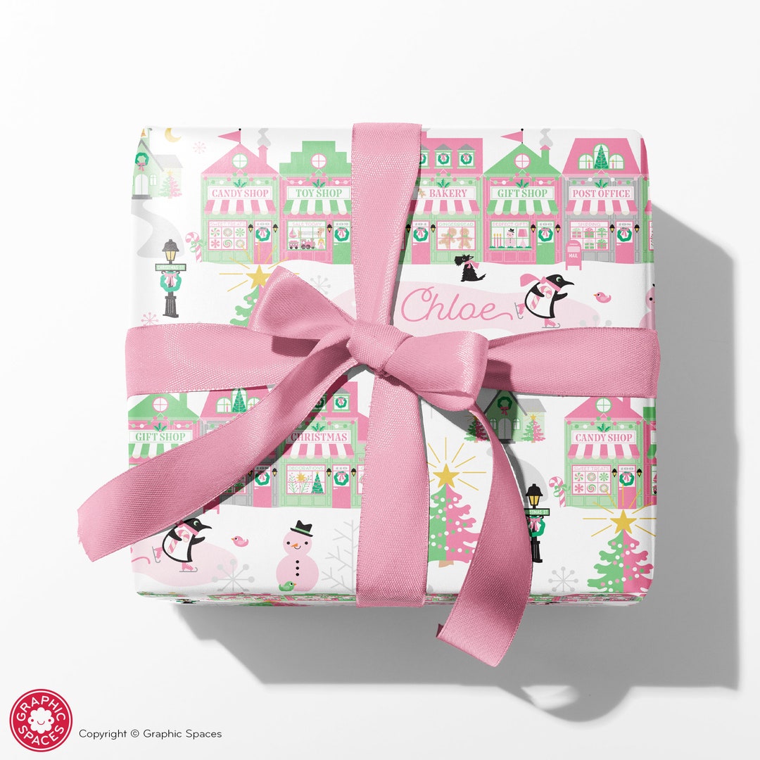 Pastel Christmas Village Wrapping Paper, Personalized Name, Custom ...