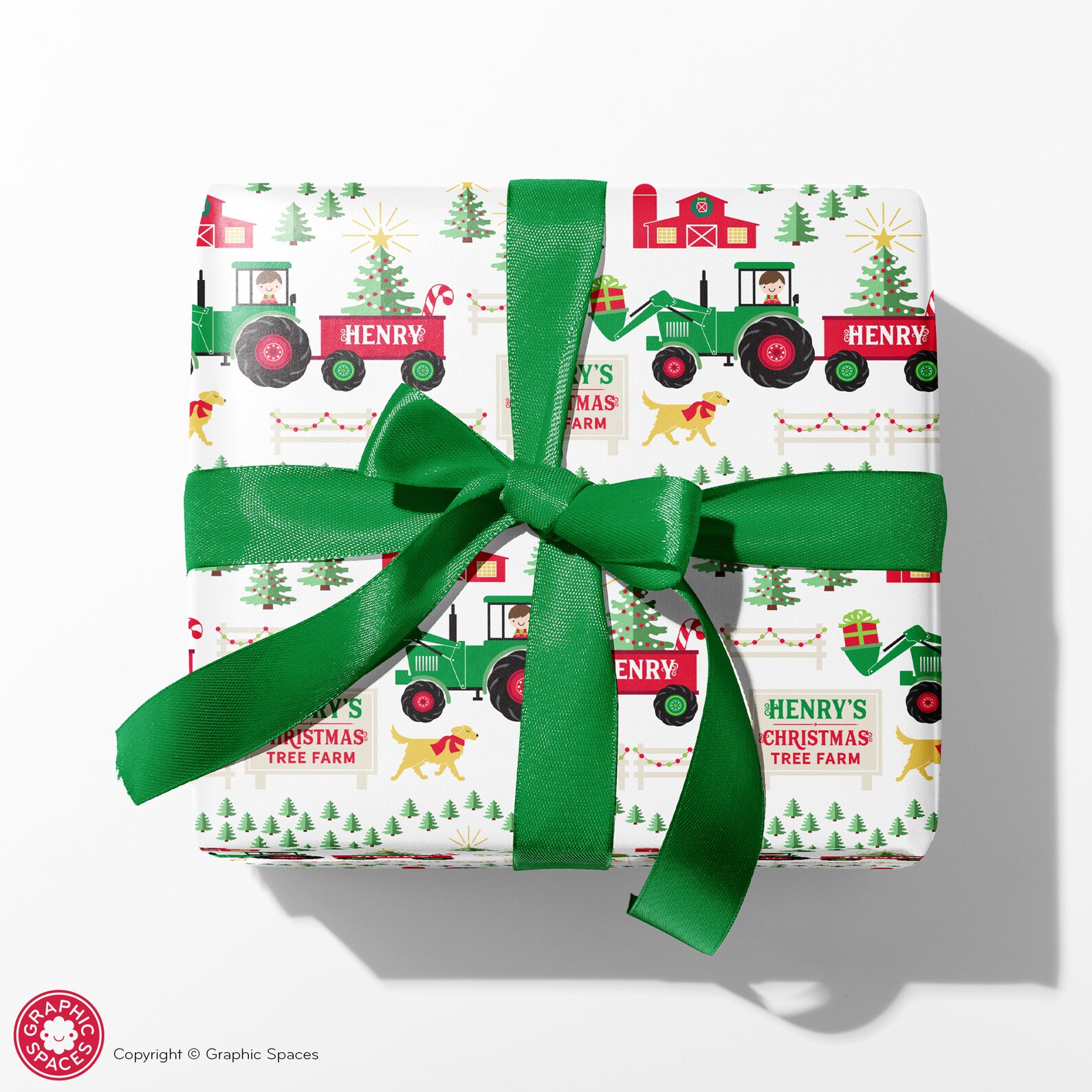 Tractor Christmas Tree Farm Wrapping Paper, Personalized Name Custom ...