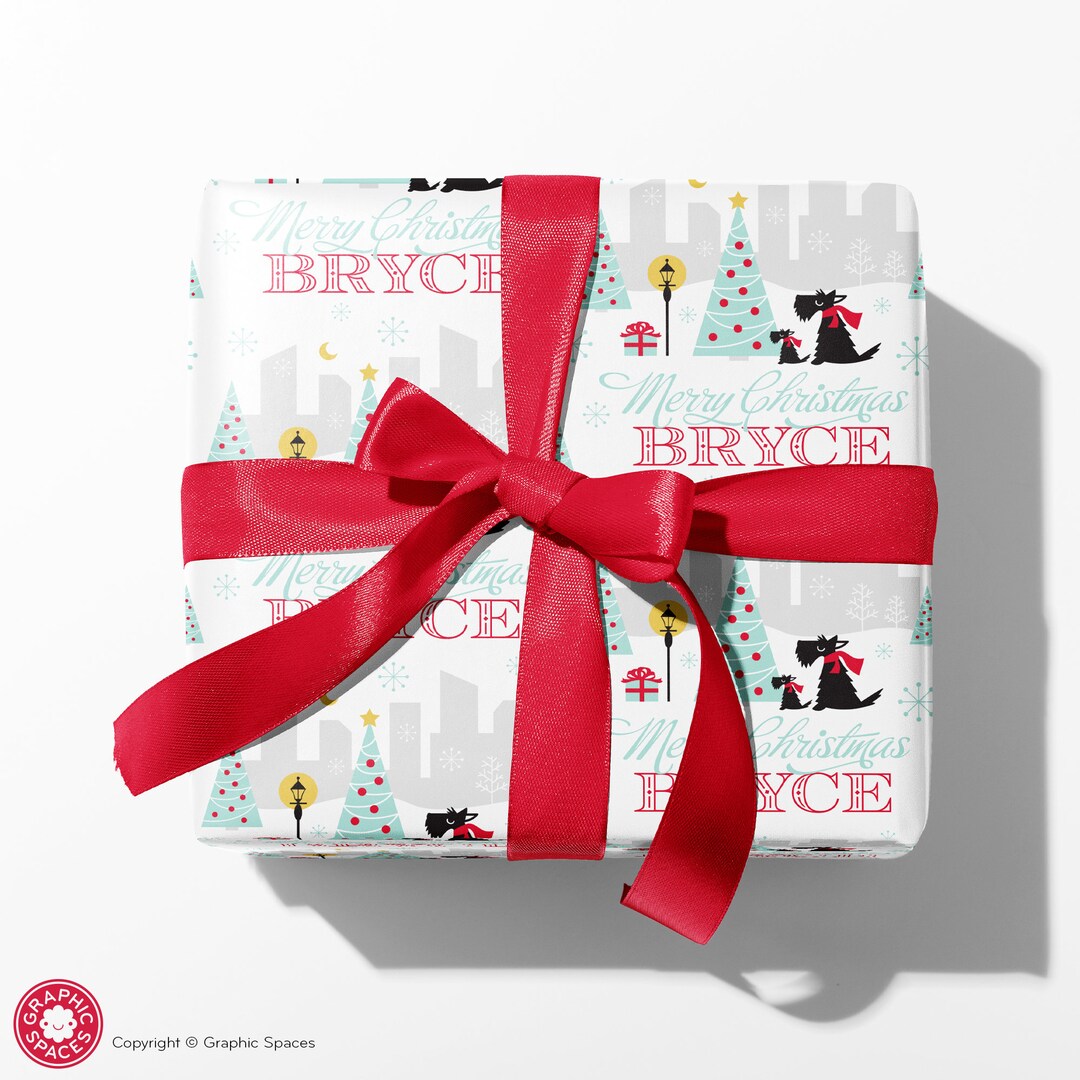 Christmas Dog Wrapping Paper, Personalized Name, Scotty in the City ...