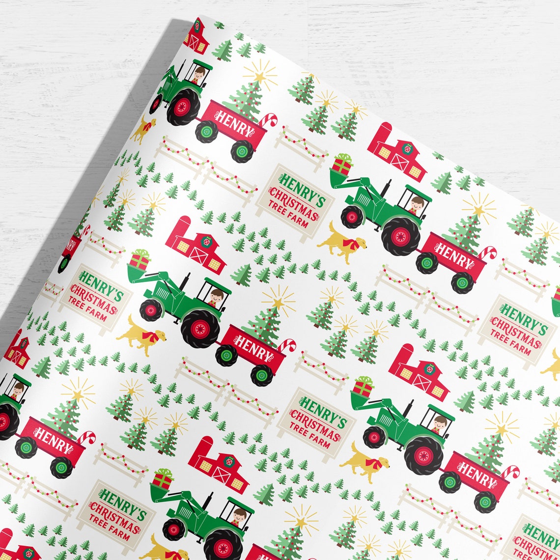Tractor Christmas Tree Farm Wrapping Paper Personalized Name - Etsy