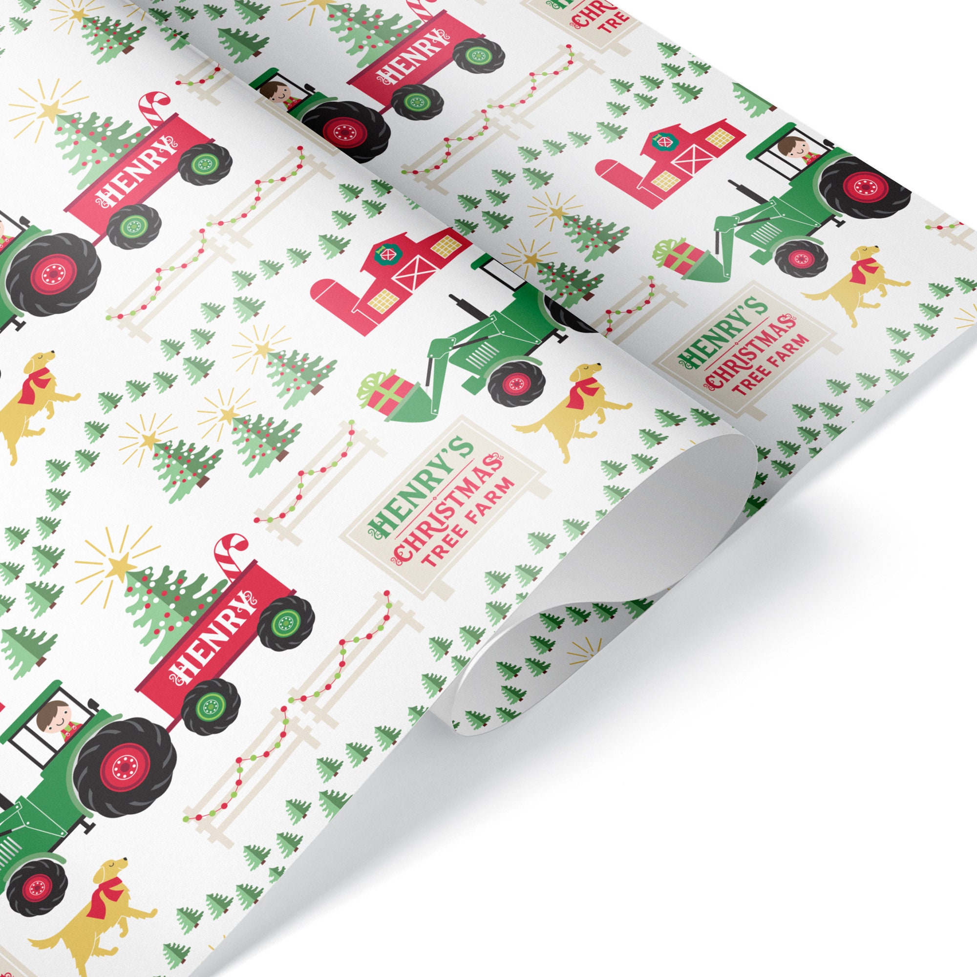 Tractor Christmas Tree Farm Wrapping Paper, Personalized Name Custom ...
