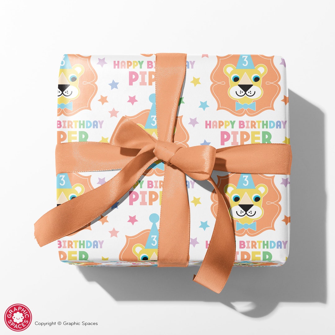Pastel Lion Birthday Wrapping Paper, Personalized Name Custom Safari ...
