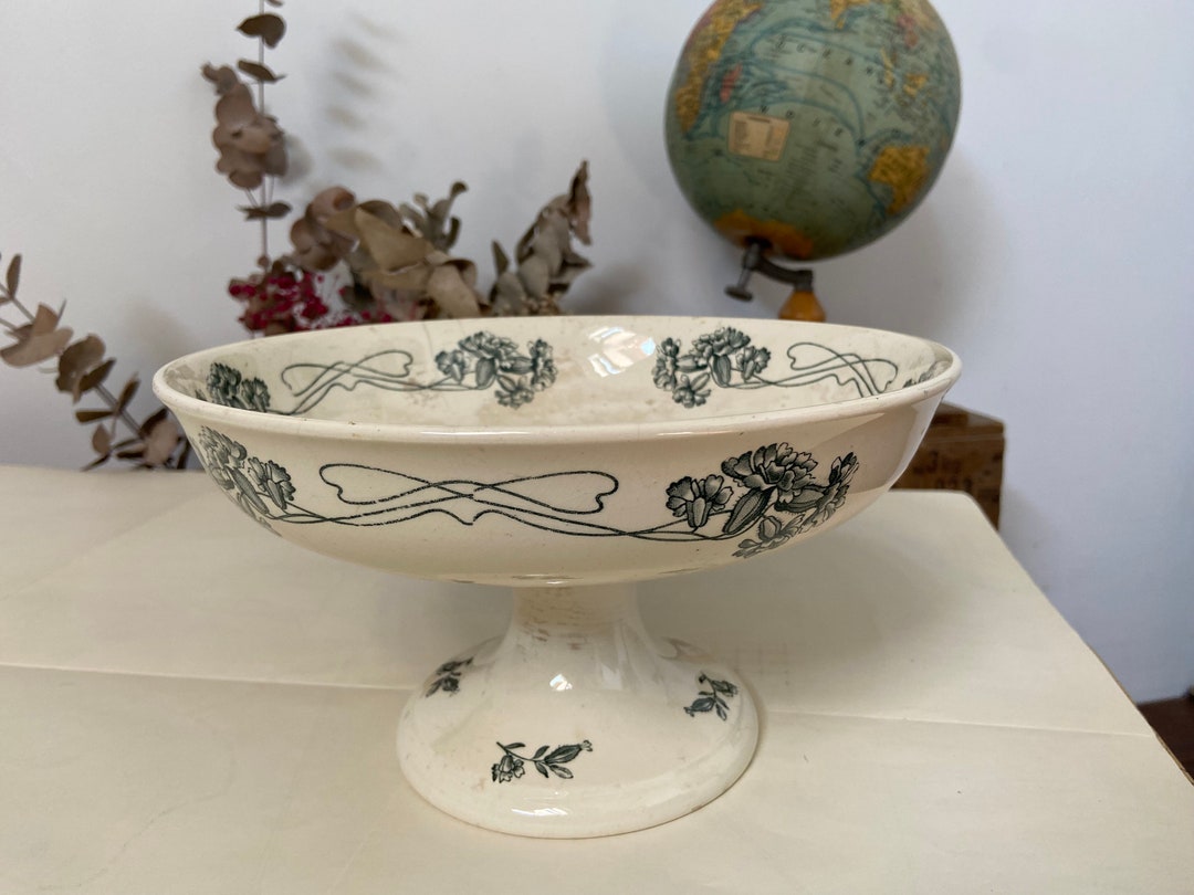 Large Compote pallas SARREGUEMINES Rare Green Iron Earth Floral ...