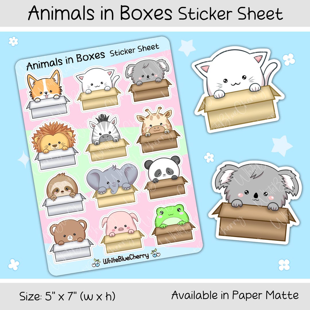 Animals in Boxes Sticker Sheet Cute Animal Sticker Funny Pet Sticker ...