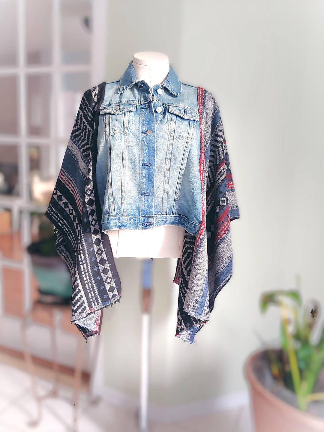 Aztec Southwest Jacket Poncho, Reworked Denim Poncho. Repurposed Jacket ...