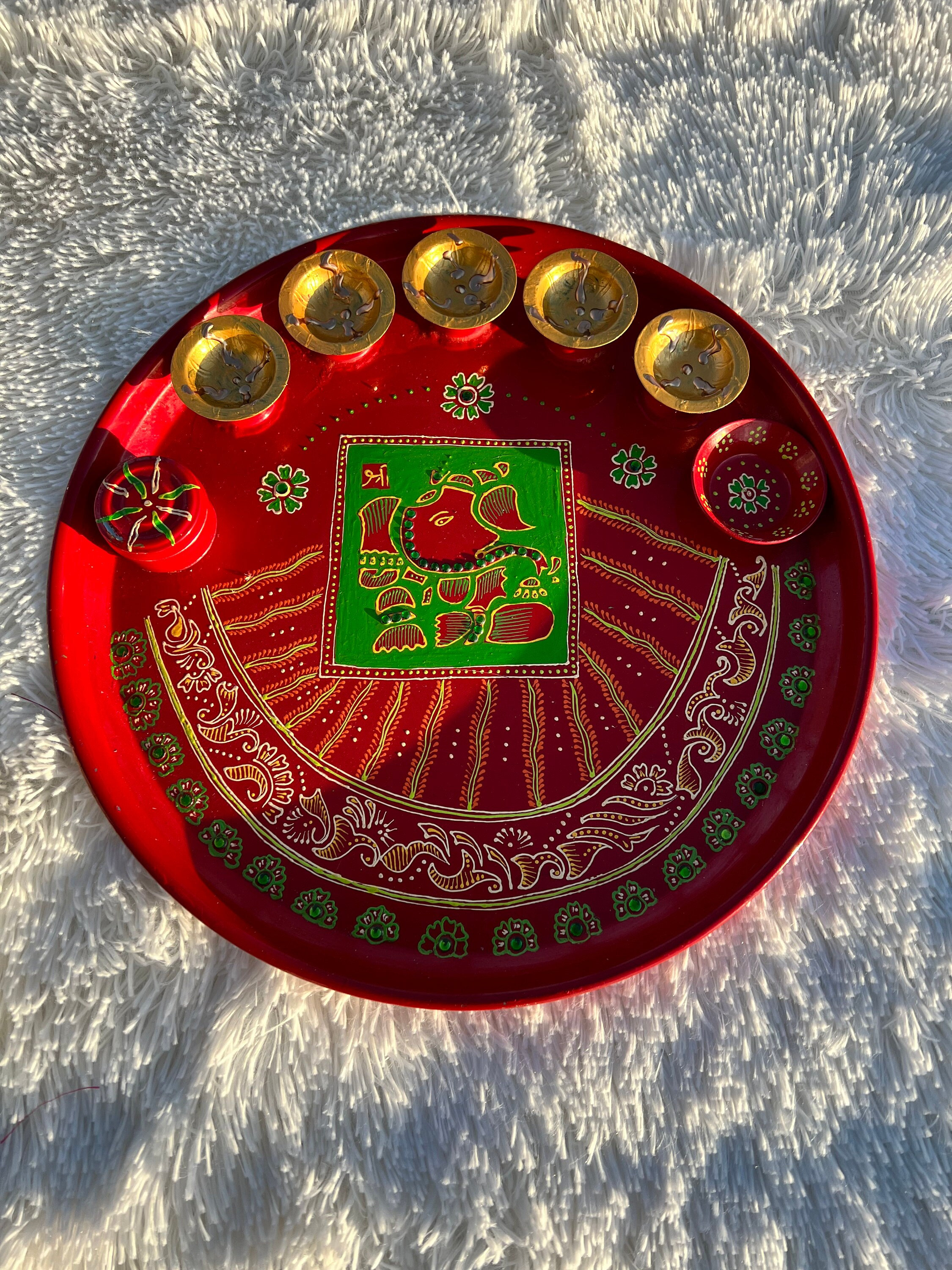Red and Green Ganesh Puja Thali, Laxmi Puja Thali, Diwali Puja Thali ...