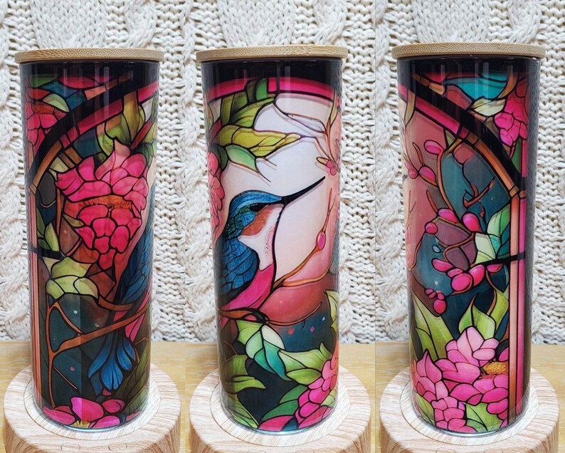 Hummingbird Floral Clear Stained Glass Beer Can Glass Soda Can Glass ...