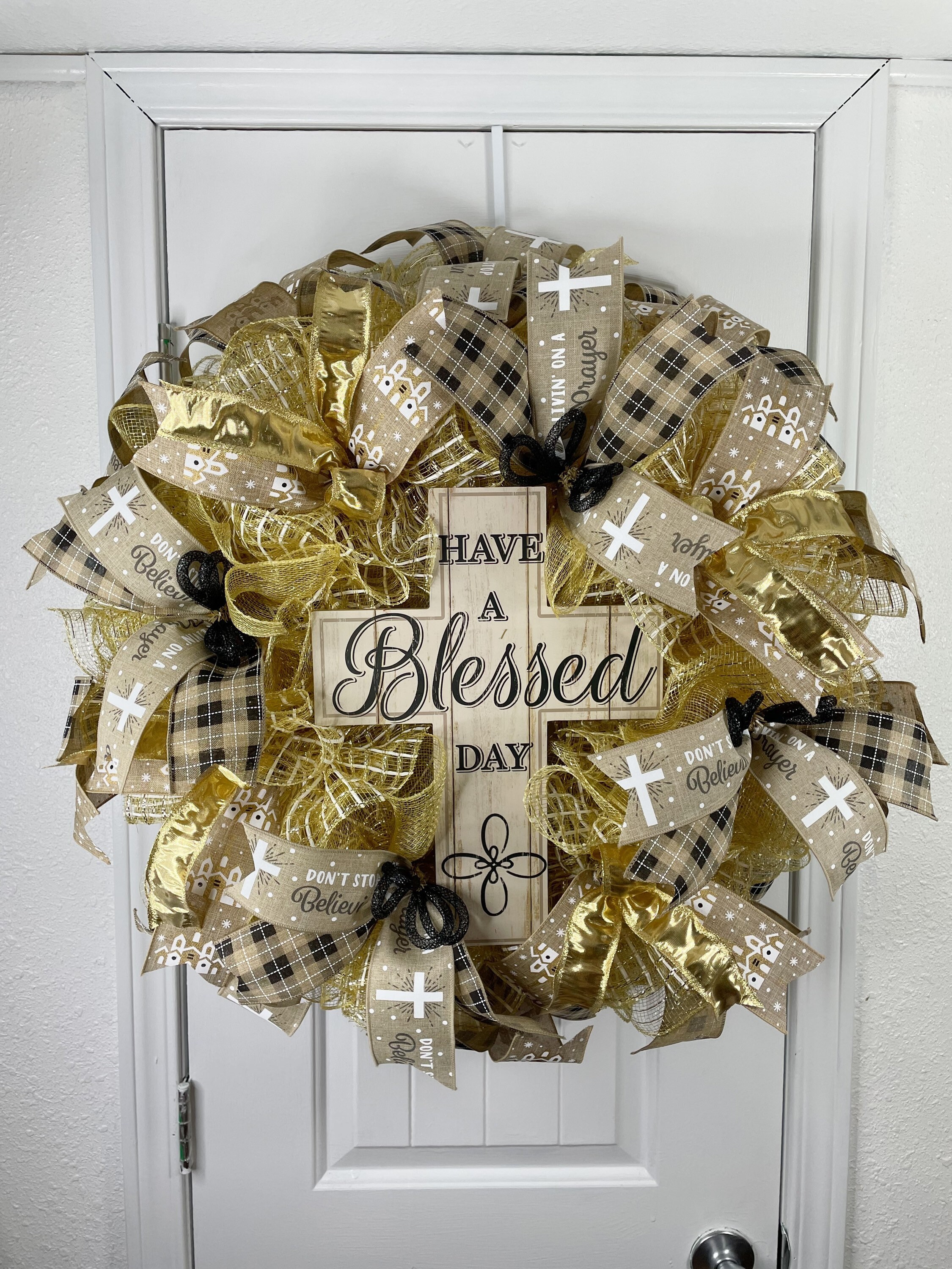 Blessed Wreath, Welcome Religious Wreath, Spiritual Wall Hanging, Cross ...