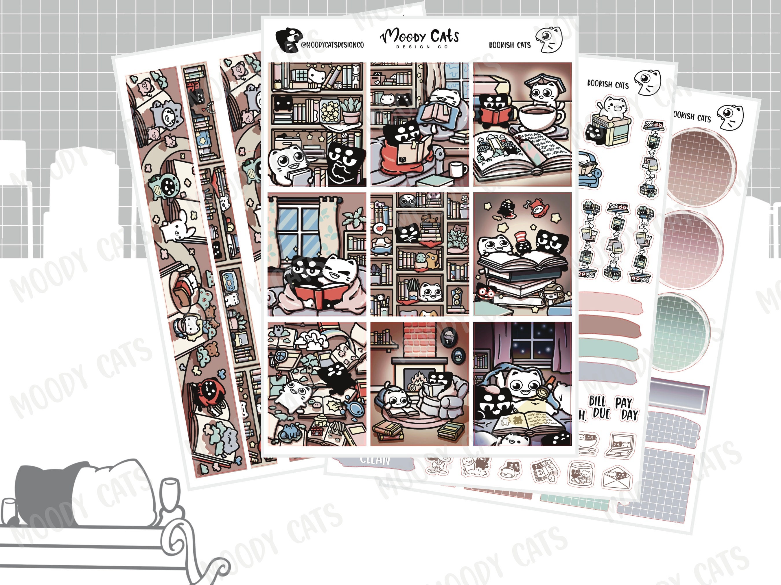 Bookish Cats Vertical Weekly Kit Hand Drawn Planner Sticker - Etsy