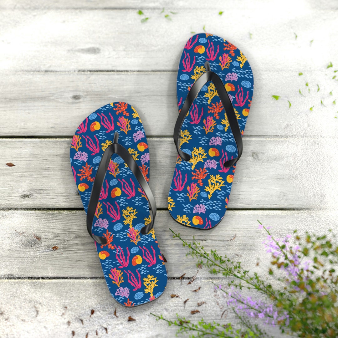 Coral Reef Print Flip Flops Beach Sandals, Shower Shoes, Casual ...