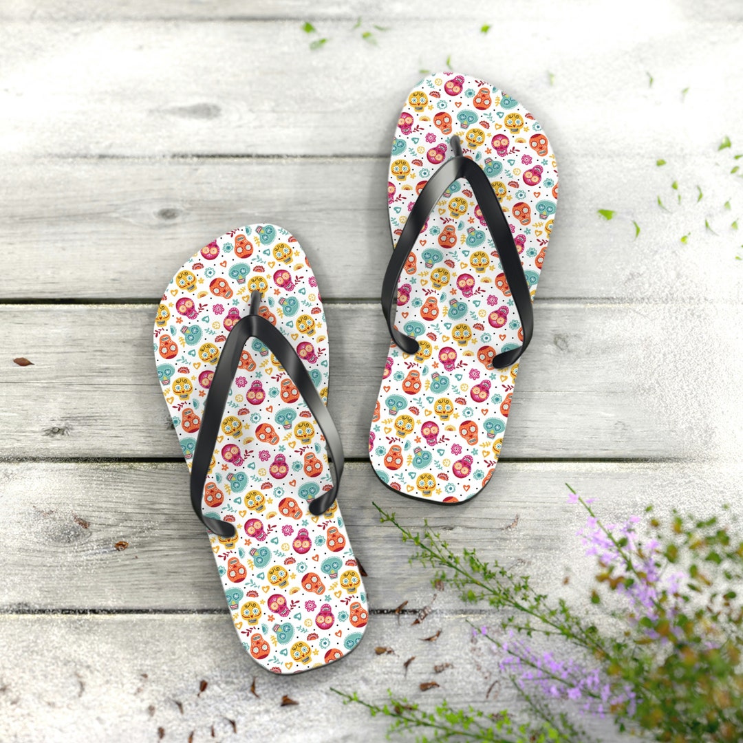 Sugar Skulls Print Flip Flops - Beach Sandals, Shower Shoes, Casual ...