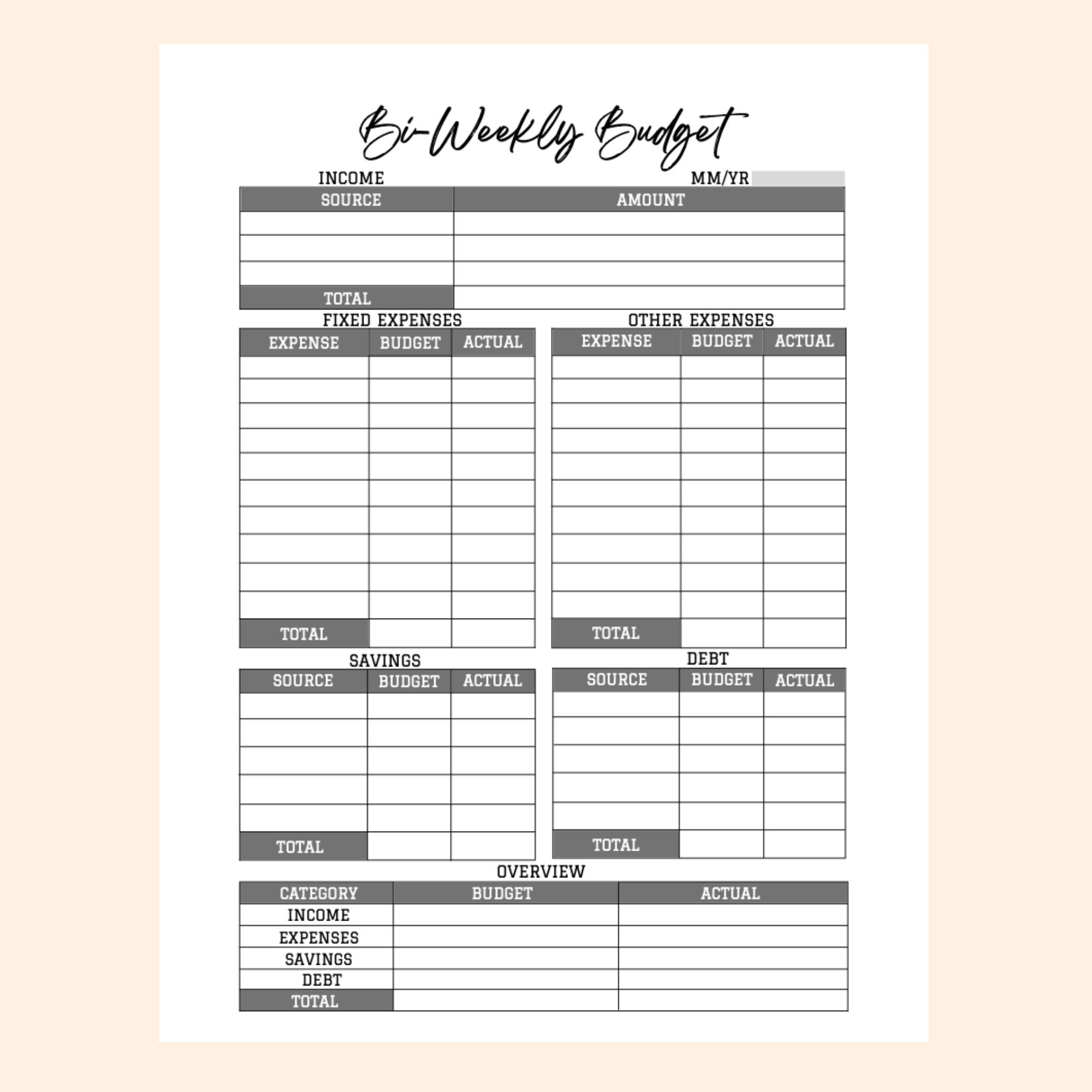 Bi-weekly Budget Template, Bi-weekly Budget Printable, Bi-weekly Budget ...