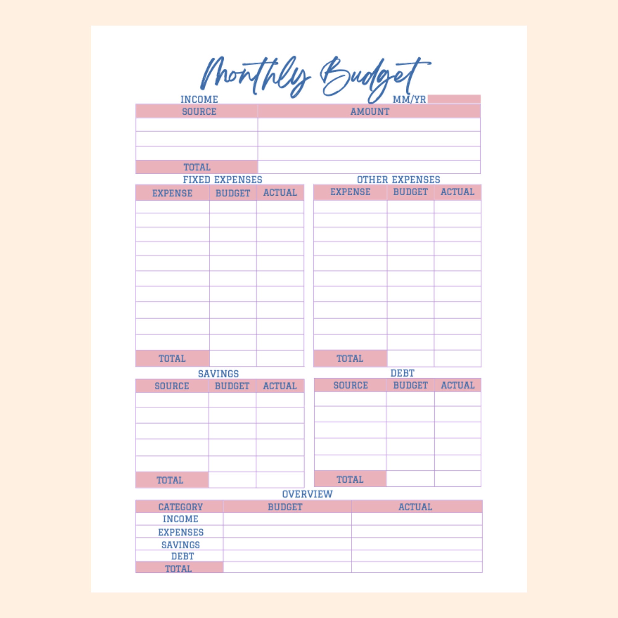 Monthly Budget Template, Monthly Budget Printable, Monthly Budget ...