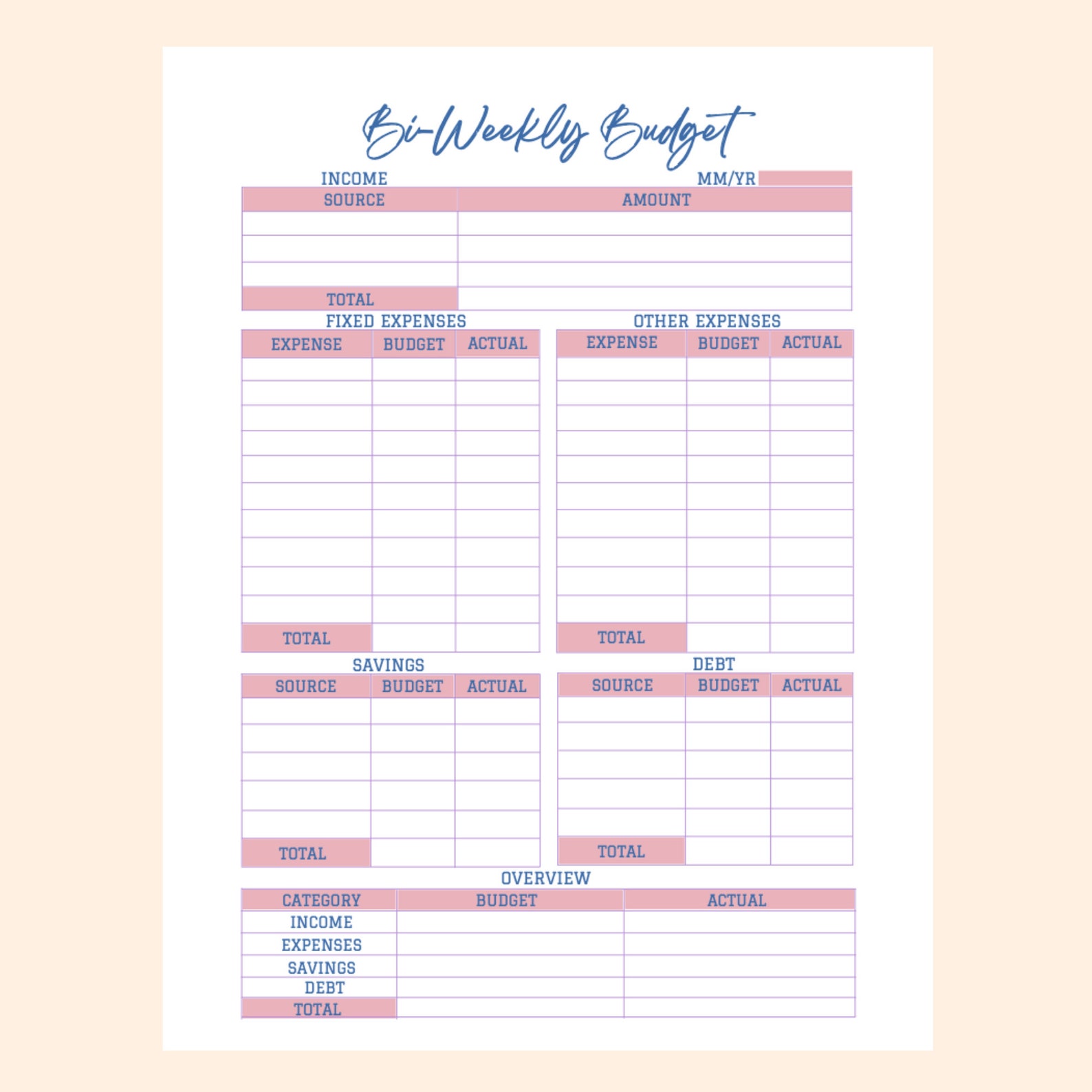 Bi-weekly Budget Template, Bi-weekly Budget Printable, Bi-weekly Budget ...