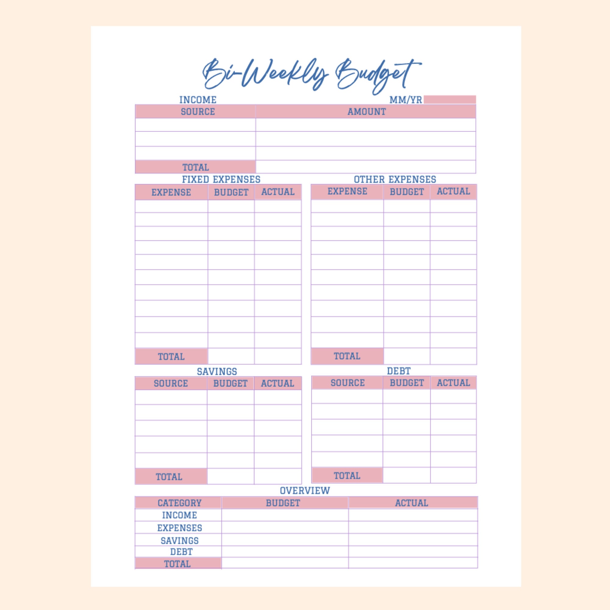 Bi-weekly Budget Template, Bi-weekly Budget Printable, Bi-weekly Budget ...