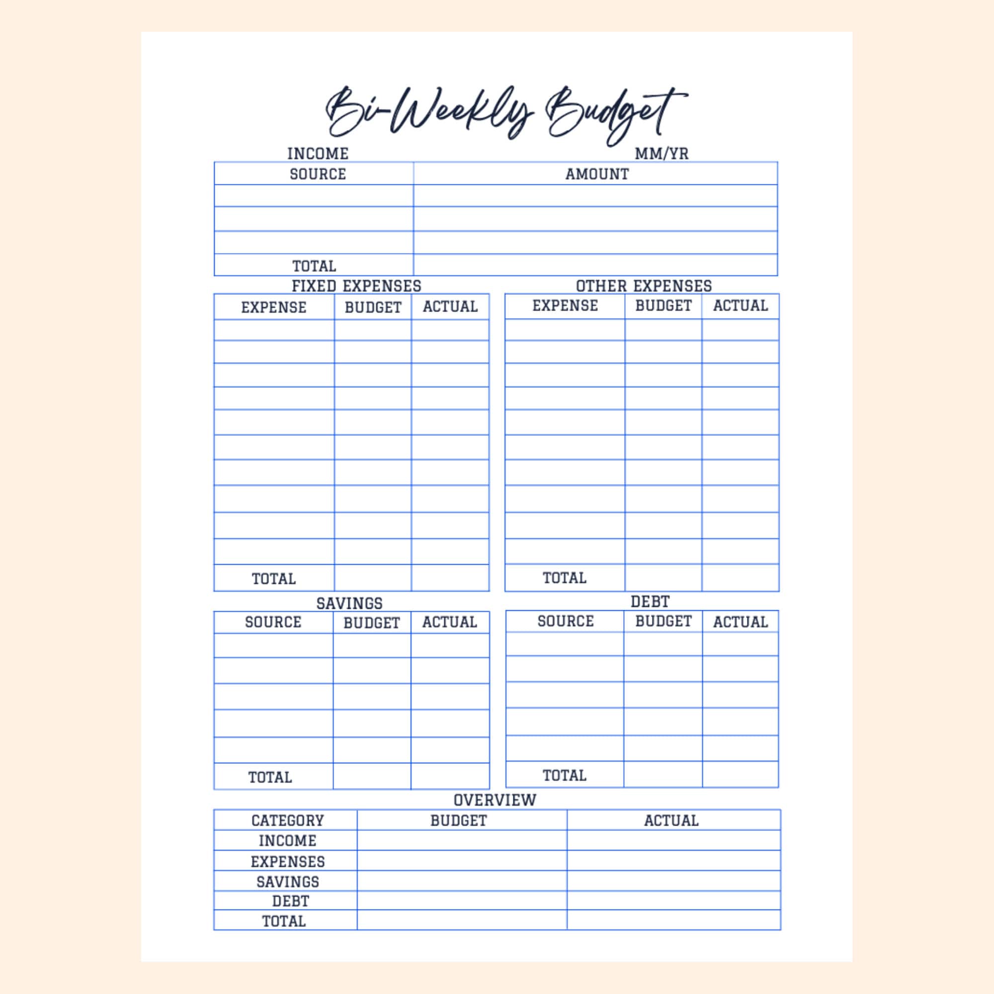 Bi-weekly Budget Template, Bi-weekly Budget Printable, Bi-weekly Budget ...