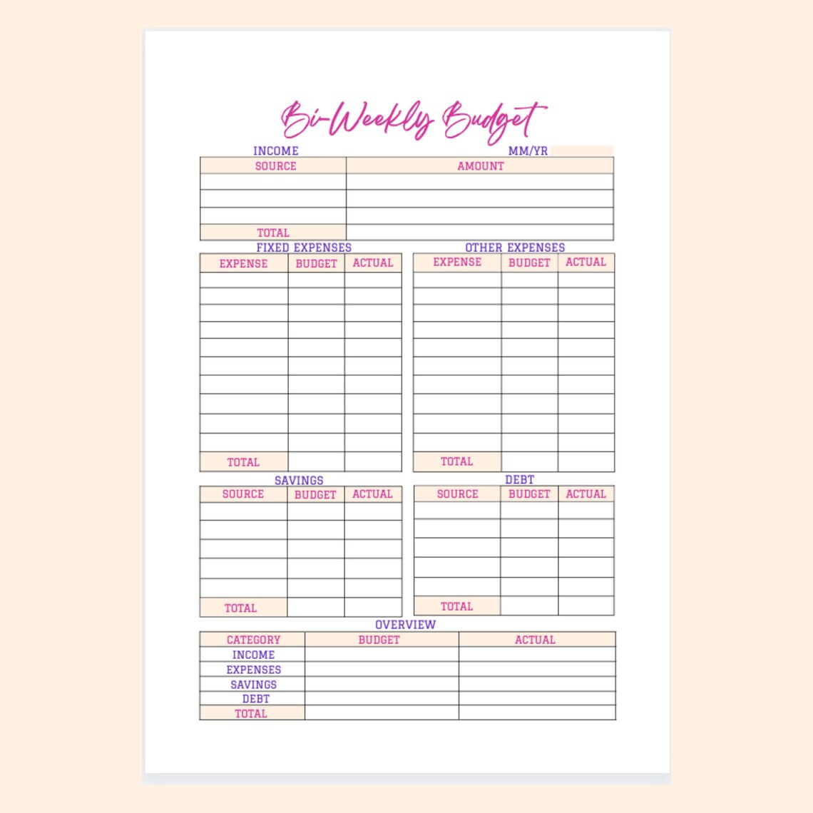 Bi-weekly Budget Template, Bi-weekly Budget Printable, Bi-weekly Budget ...