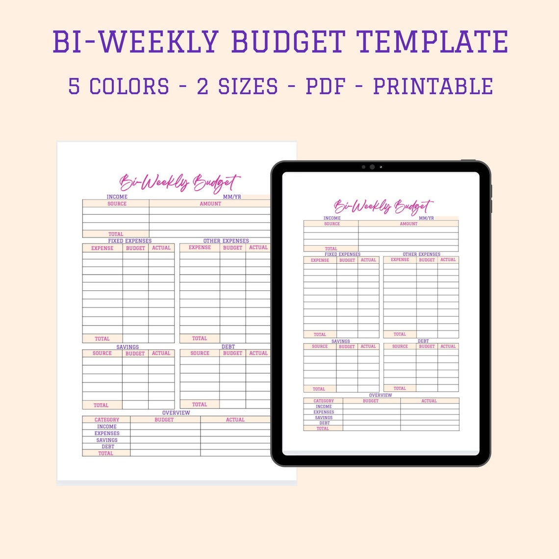 Bi-weekly Budget Template, Bi-weekly Budget Printable, Bi-weekly Budget ...