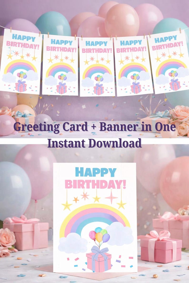 Pastel Rainbow Birthday Card – Printable Greeting Card With Clouds ...