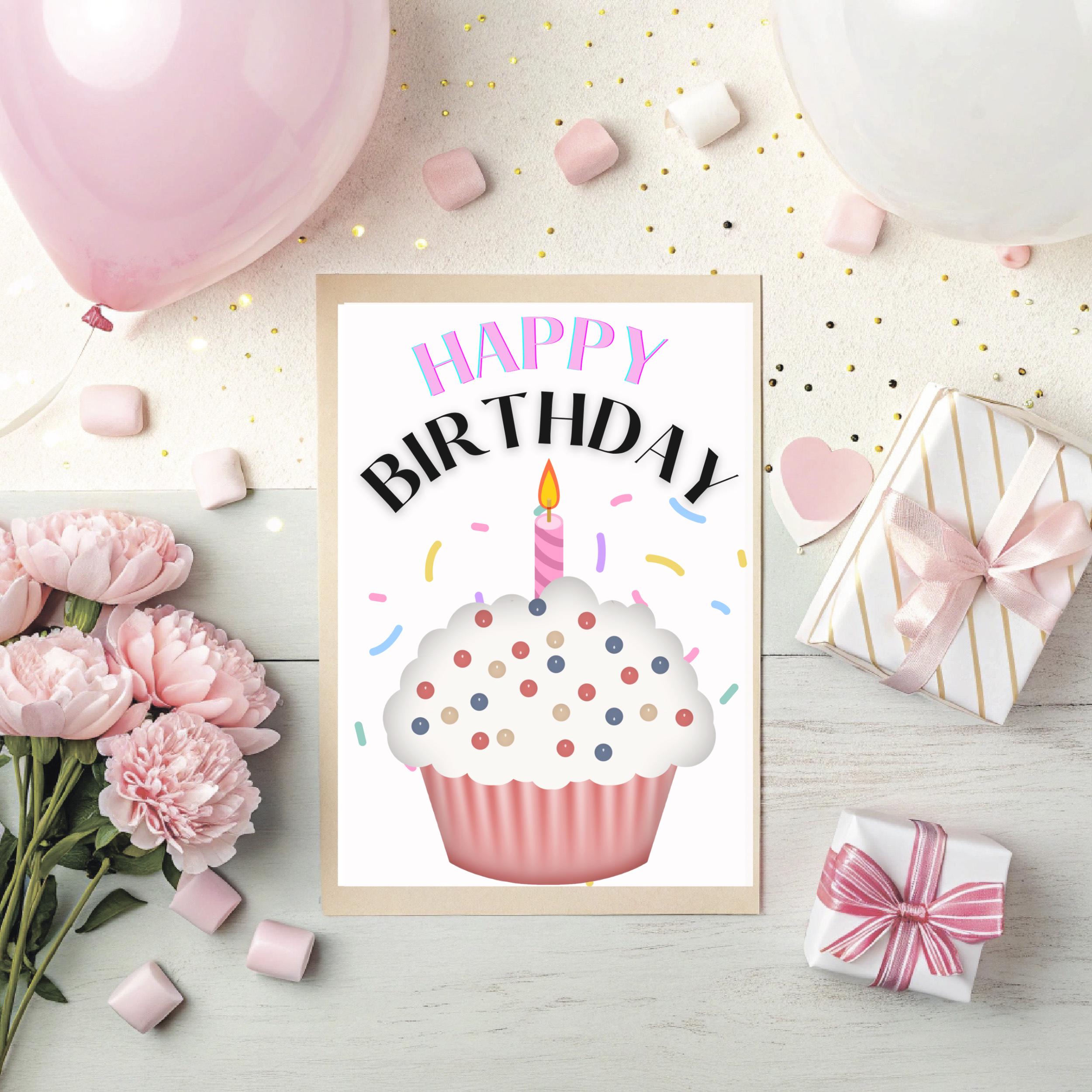 Pink Cupcake Birthday Greeting Card – Printable Sprinkle Party Card ...